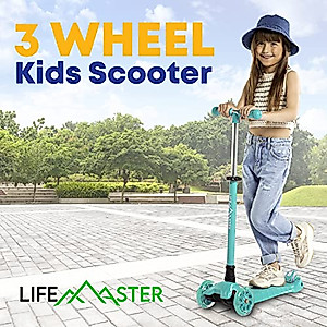 Kids Scooter – Children and Toddler 3 Wheel Kick Scooter – LED Wheel Lights Illuminate When Rolling– Adjustable Handlebar – Indoor and Outdoor Teal - Lifemaster