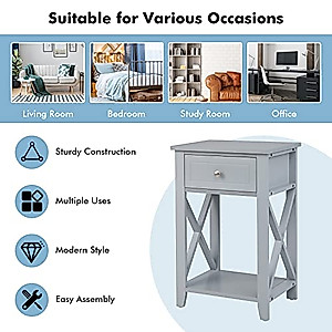 Giantex Modern X-Design Nightstand Set of 2, Bedside Table w/Drawer & Storage Shelf, Versatile Sofa Table End Table for Bedroom Hallway (2, Grey)