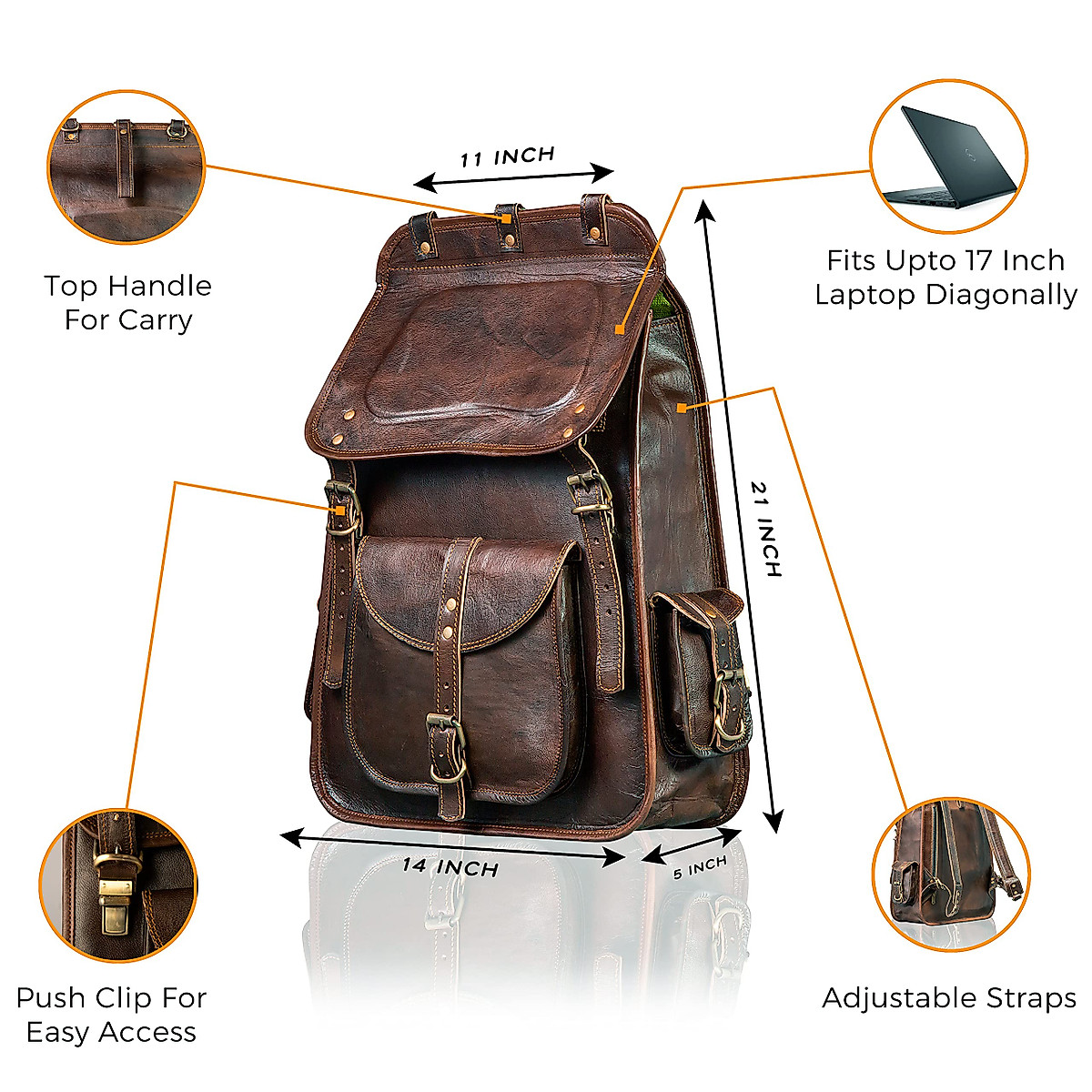 THE CHARMIKA Full Grain 21 Inch Leather Laptop Rucksack Knapsack / Large Backpack Casual Bookbag Daypack Camping Travel (Dark Choco Vintage)