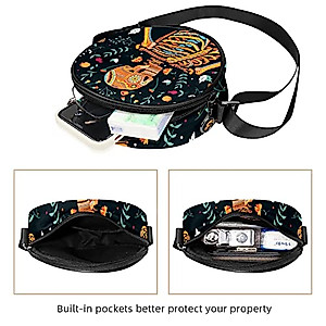 Day of the Dead Skull Flowers Crossbody Bag for Women Teen Girls Round Canvas Shoulder Bag Purse Tote Handbag Bag