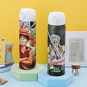 CNEISEJK Anime Piece Water Bottle, Vacuum Insulated Cosplay Zoro Luffy Stainless Steel 16.9oz Cup Thermoses with Locking Cover Leak-Proof Design (WB-Hzw A 2403), 500ML