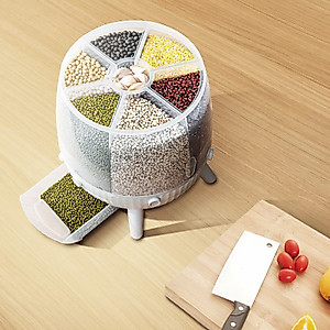 LOYALHEARTDY 6-Grid Rice Dispenser 360° Rotating Rice Grain Dispenser Dry Grain Storage Container Tank Food Dispenser Kitchen for Grains, Rice, Beans, Coffee Beans