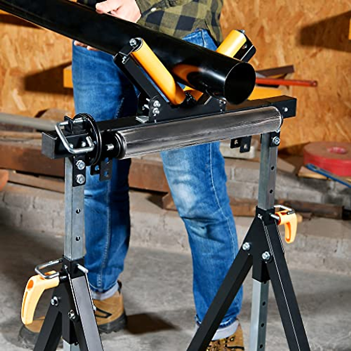 WORKESS 4 in 1 Roller Stand, Stable 440 Lbs Load Capacity with Saw Horses, V-Shaped, Multi-Directional Rollers & Outfeed Roller, Adjustable Height 33”- 50”, Folding for Woodworking