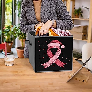 Breast Cancer Christmas Santa Hat Ribbon Foldable Storage Bins with Handles Storage Cubes Closet Organizer for Living Room Bedroom 6PCS