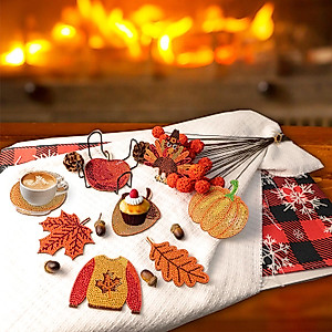 8Pcs Fall Diamond Art Painting Coasters Thanksgiving Diamond Art Coasters Kits with Holder Pumpkin Maple Leaf Turkey DIY 5D Diamonds Coasters for Autumn Harvest Party Adults Kids Beginners Craft