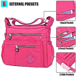 SHIFANQI Crossbody Bag for Women, Multi Pockets Waterproof Nylon Shoulder Handbag, Fashion Travel Crossbody Purse, Lightweight Purse for Women (Purplish Red)