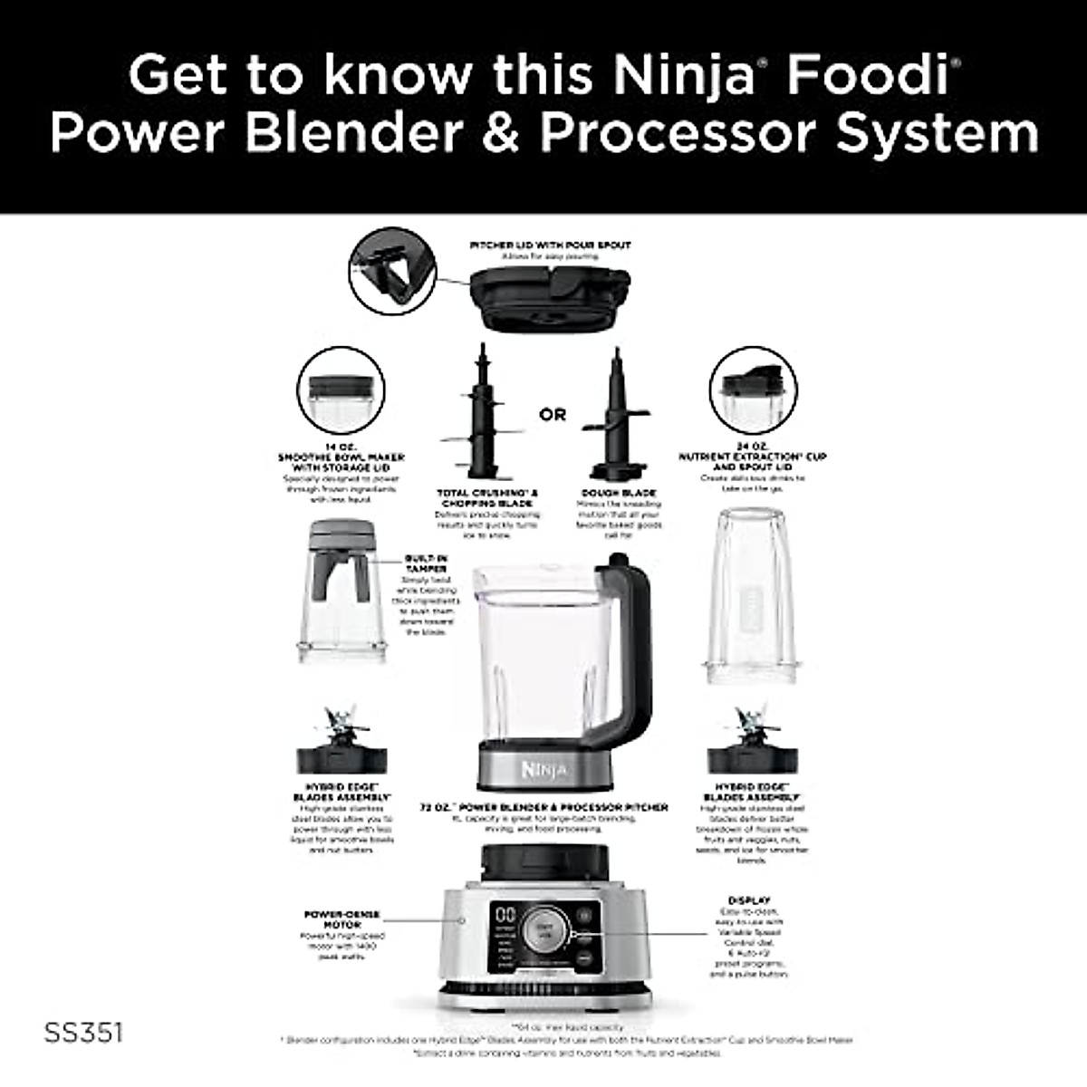 Ninja SS351 Foodi Power Blender & Processor System 1400 WP Smoothie Bowl Maker & Nutrient Extractor* 6 Functions for Bowls, Spreads, Dough & More, smartTORQUE, 72-oz.** Pitcher & To-Go Cups, Silver