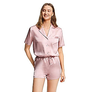 LilySilk Women's Silk Pajamas Short Sleeve Sleepwear Button Down 19 Momme 100% Mulberry Silk Two Piece Pajama Set Rosy Pink S