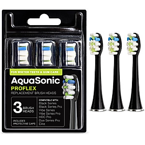 AquaSonic Proflex Replacement Brush Heads | for Whiter Teeth & Gum Care | Compatible with Many AquaSonic Toothbrush Handles (3 Pack Black)