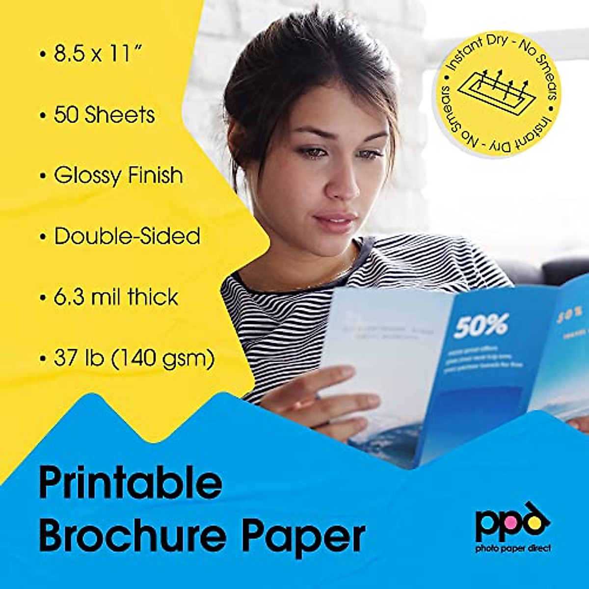 PPD 100 Sheets Inkjet Glossy Brochure and Flyer Paper 8.5x11 37lbs 140gsm Professional Quality Double Sided Instant Dry and Water-Resistant (PPD-72-100)