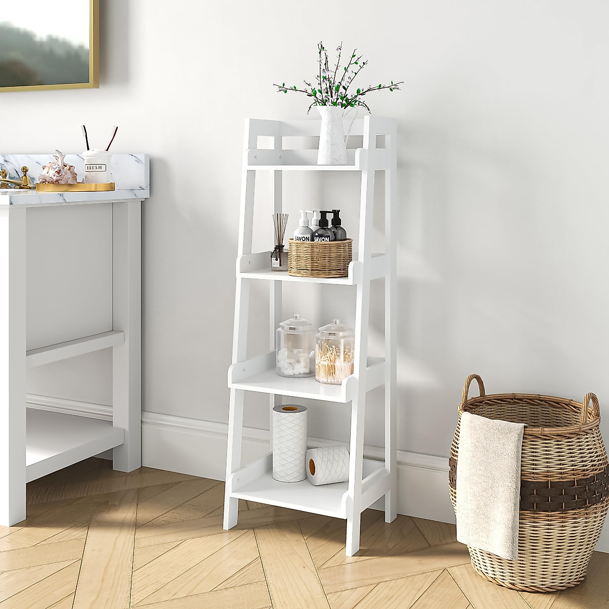 UTEX 4-Tier Ladder Shelf, Bathroom Shelf Freestanding, 4-Shelf Spacesaver Open Wood Shelving Unit, Ladder Shelf (White)