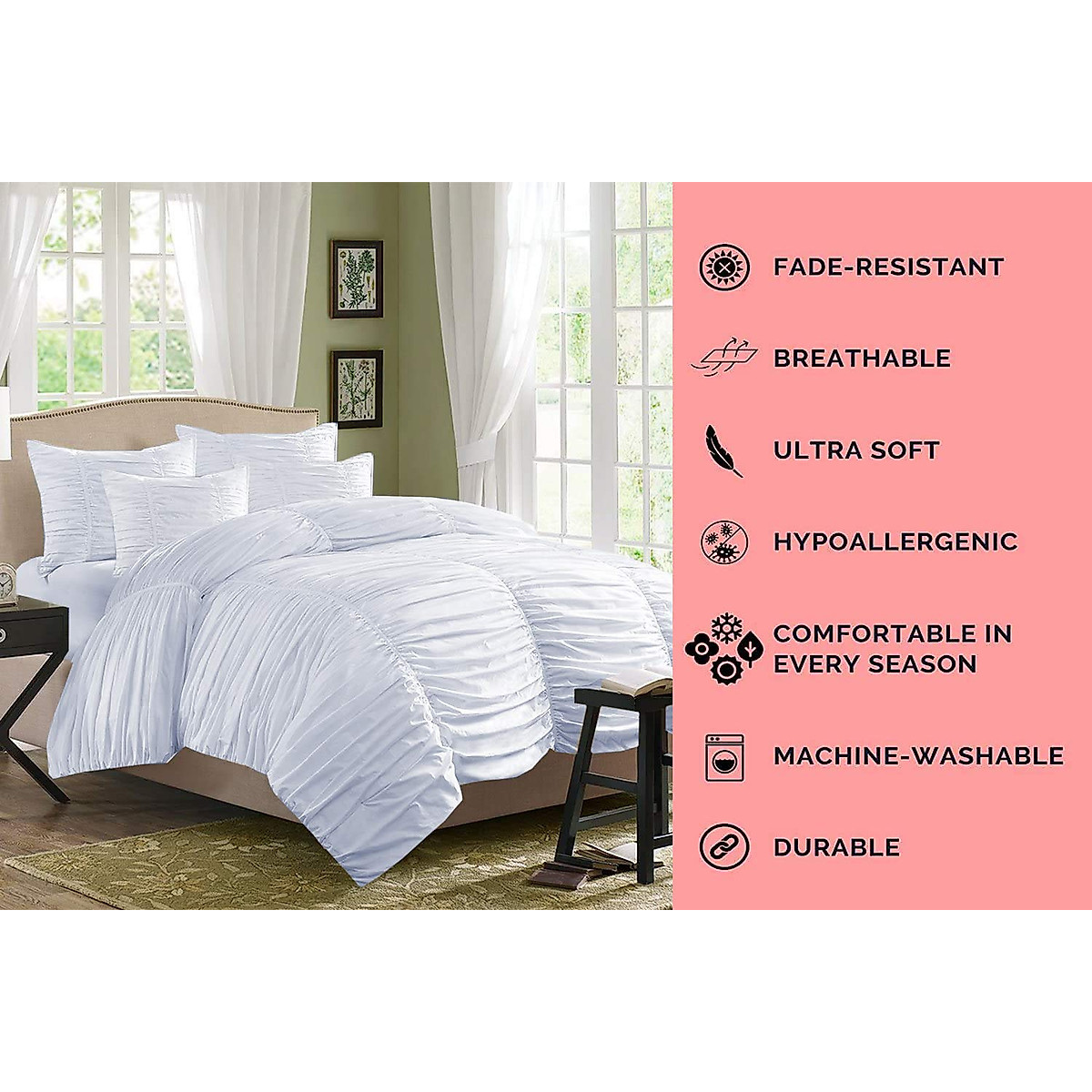 BedDecor 5 Piece Ruched Pattern Duvet Set with Zipper & Corner Ties 100% Egyptian Cotton 500 Thread Count Premium Hotel Quality Decorative Bedding(Oversized King, Pink)