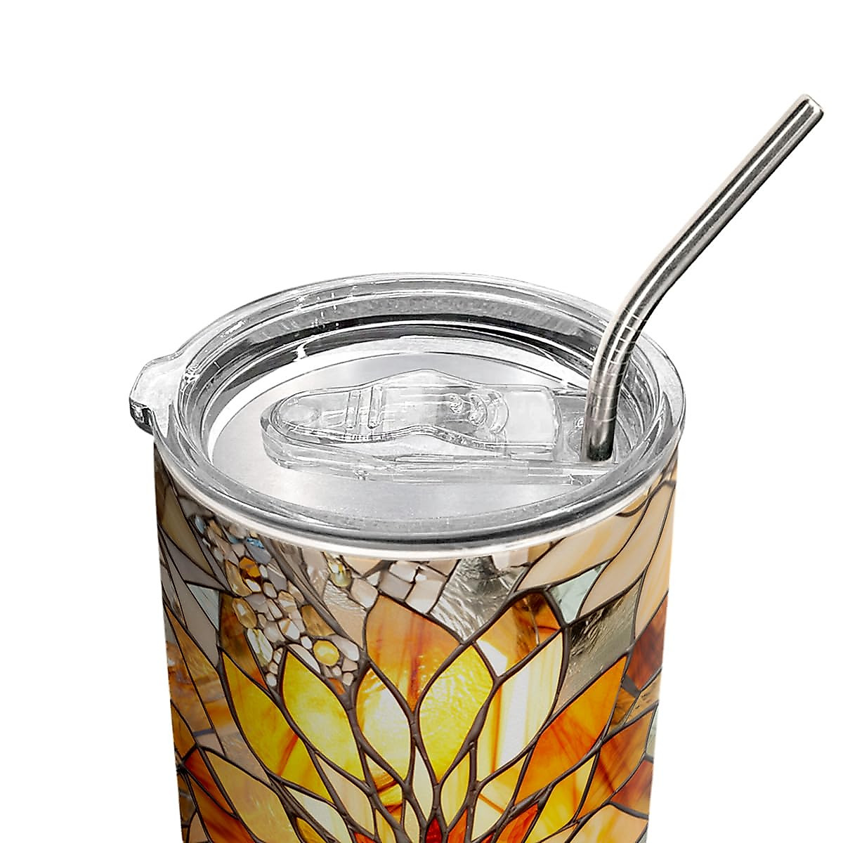 ORCAE 20oz Beautiful Colorful Daisy Flower, Stained Glass Style Flowers, Yellow Flower Tumbler Cup, Insulated Travel Mug with Lid, Coffee Thermos for Men, Women, Gifts for Women - A