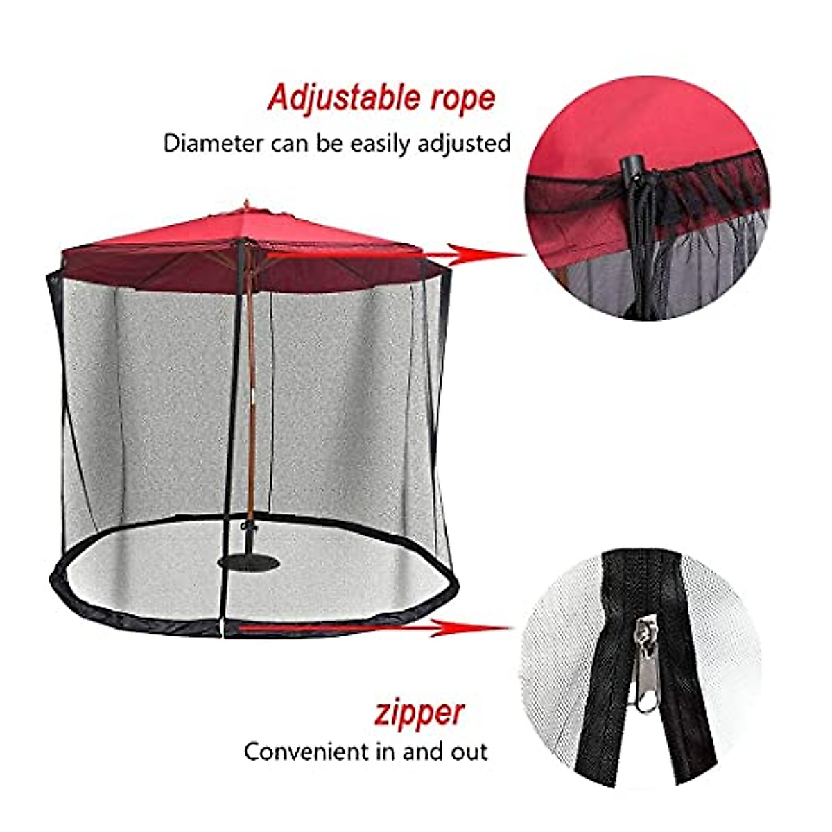 NC Umbrella Screen 10ft Patio Umbrella Mosquito Nets with Double Zipper Door Adjustable Top Drawstring Outdoor Umbrella Table Screen Fits FT Umbrella Bug Screen for Garden(Black)