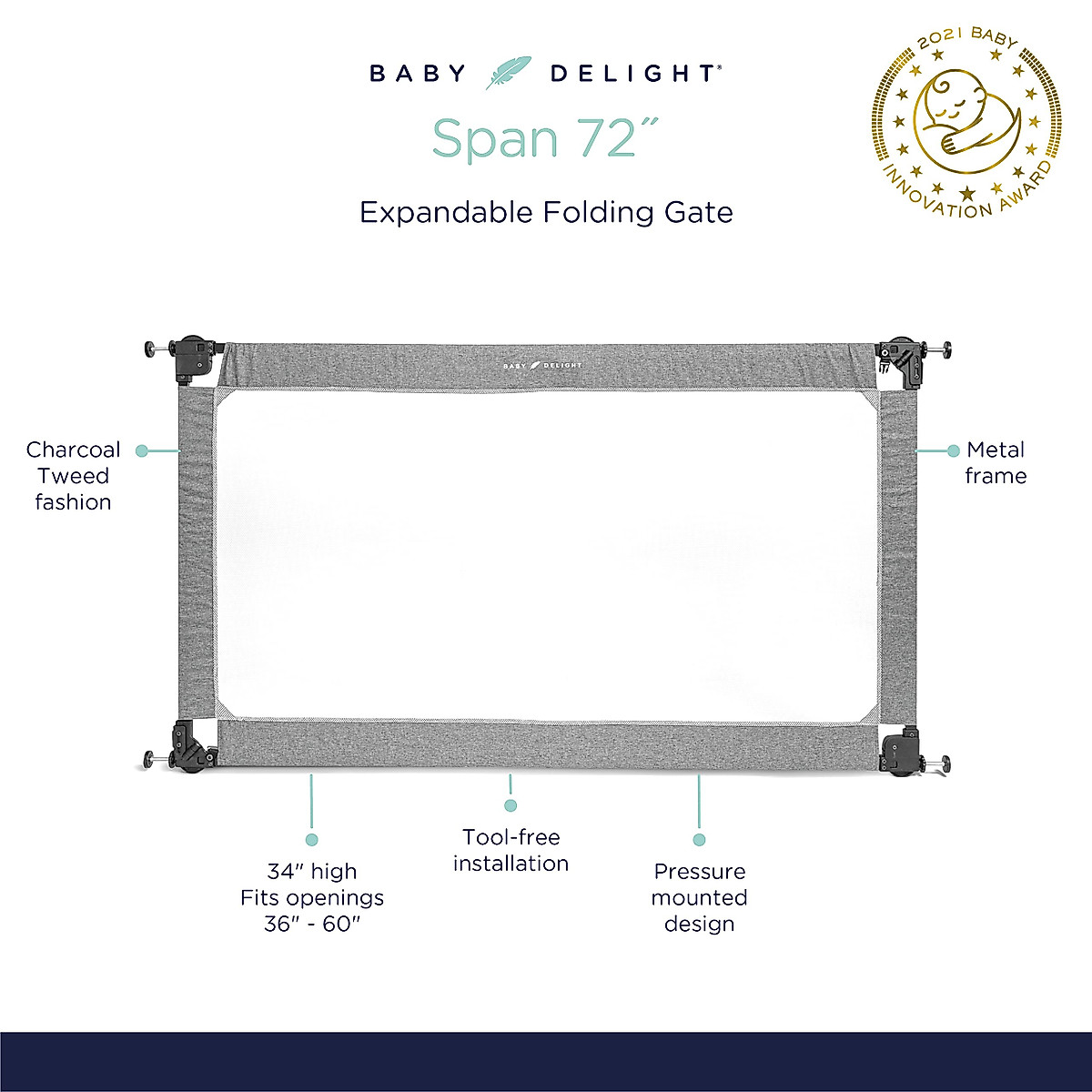 Baby Delight Go with Me Portable Mesh Baby Gate | Span 42-72" Expandable Folding Gate | Pressure Mounted | Charcoal Tweed, Pack of 1