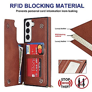 DEFBSC Compatible with Samsung Galaxy S22 Plus Case, Crossbody Wallet Case, Adjustable Detachable Lanyard Neck Strap with Kickstand Leather Card Holder Protective Cover-Brown