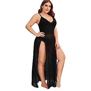 Floerns Women's Plus Size Sexy Lace Sleeveless Split Long Mesh Lingerie Dress Black Solid 2XL
