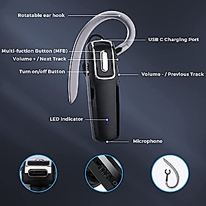 Gixxted Wireless Headset, V5.0 Wireless Handsfree Earpiece with Microphone 14 Hrs Driving Headset 360 Hours Standby Time for iPhone Android Samsung Laptop Trucker Driver