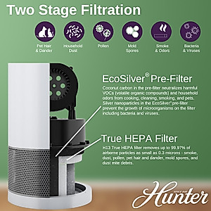 Hunter Fan Company HP400 Round Tower Air Purifier for Small Rooms, Featuring True HEPA Filtration and EcoSilver® Pre-Filter for Allergy and Asthma Relief, White and Silver