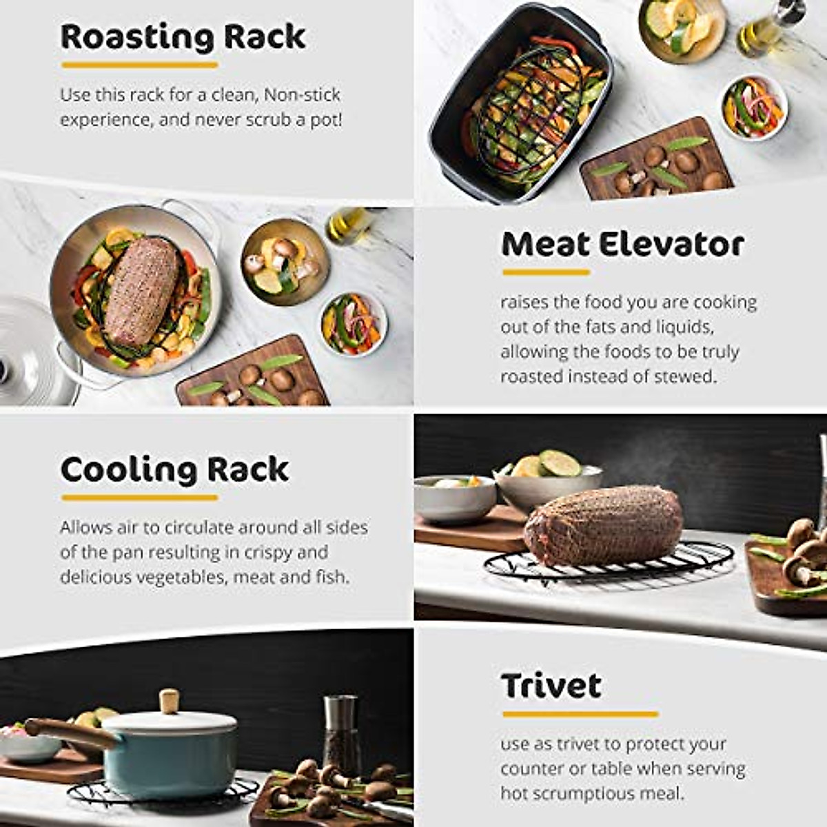 GOURMEX Black, Oval Oven Roasting Rack with Integrated Feet | Ideal for Cooking, Baking, Roasting, Cooling and Grilling | Non-Stick Coating, PTFE Free | Oven and Dishwasher Safe Rack (6 x 9")