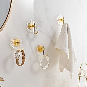COCOYA 4Pack Adhesive Towel Hooks, Easy Install Acrylic Stainless Steel Heavy Duty Waterproof Rustproof Modern Decorative Cute Bathroom Bedroom Gold Wall Hooks for Hanging Include Strong Adhesive