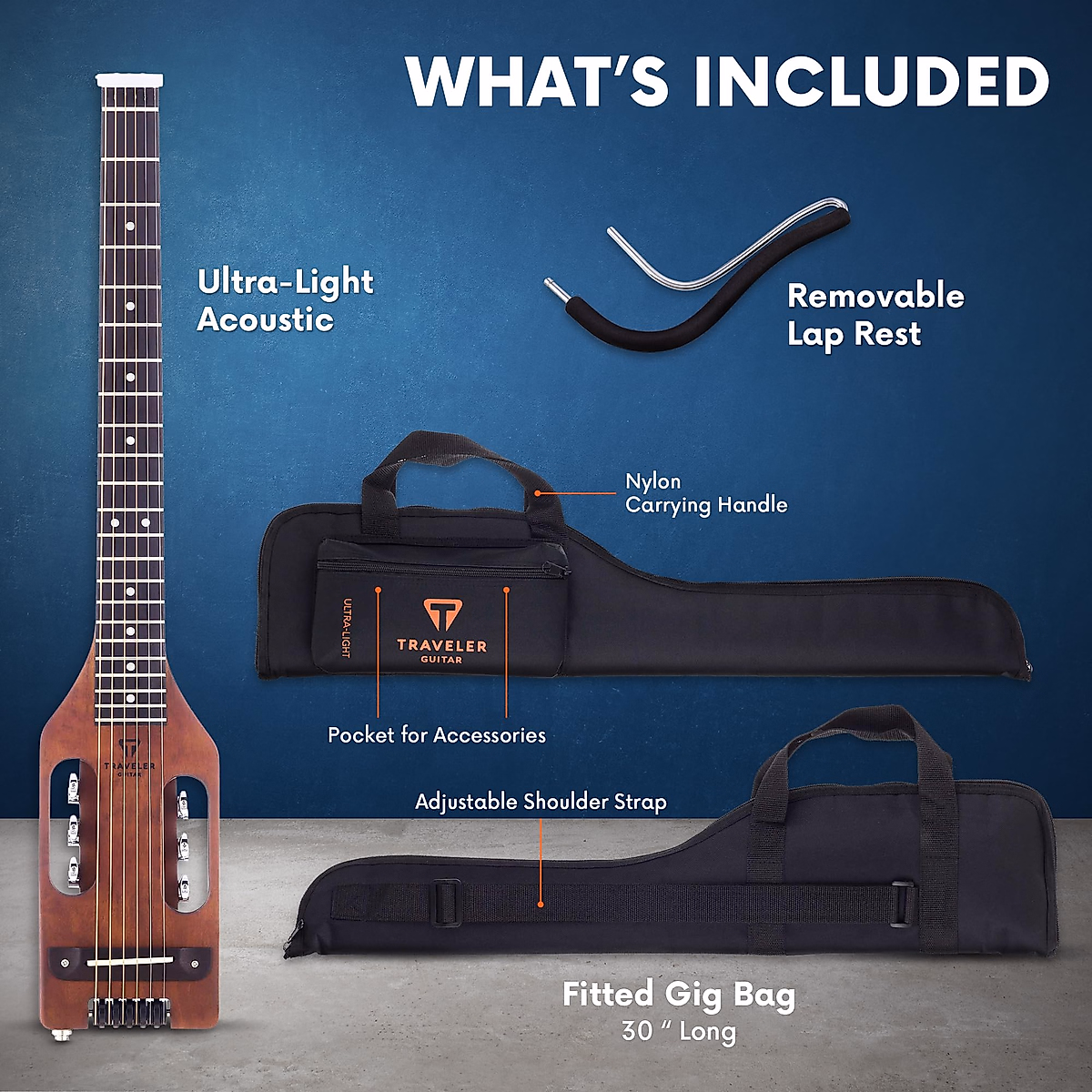 Traveler Guitar Ultra-Light Guitar for Travel | Portable and Headless Electric Acoustic Guitar | Full 24 3/4" Scale | Antique Brown Travel Guitar with Custom Gig Bag and Removable Lap Rest