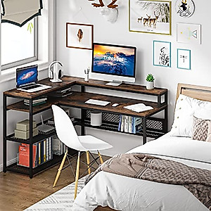 Tribesigns L-Shaped Computer Desk with Monitor Shelf Stand, L Shaped Corner Desks with Large Wood Desktop Industrial Heavy Duty Metal Frame Storage Shelves for Office Home, Rustic Brown Black