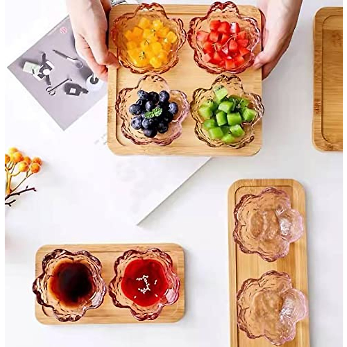 SZHTSWU Pink Cherry Blossom Glass Soy Sauce Dish Petals Shape Mini Cute Crystal Dessert Bowl, Appetizer Plates, Tea Bag Holder, Small Dip Bowls for Snack Sauce, Jam, Sushi, Side Dish (Gold Side)