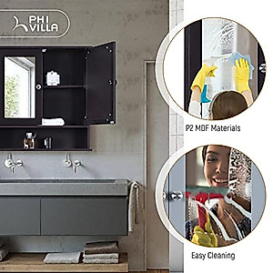 PHI VILLA Bathroom Medicine Cabinet with Mirror Wall Mounted Storage Cabinet with Double Mirrored Doors and Adjustable Shelf for Bathroom Living Room Furniture, Coffee