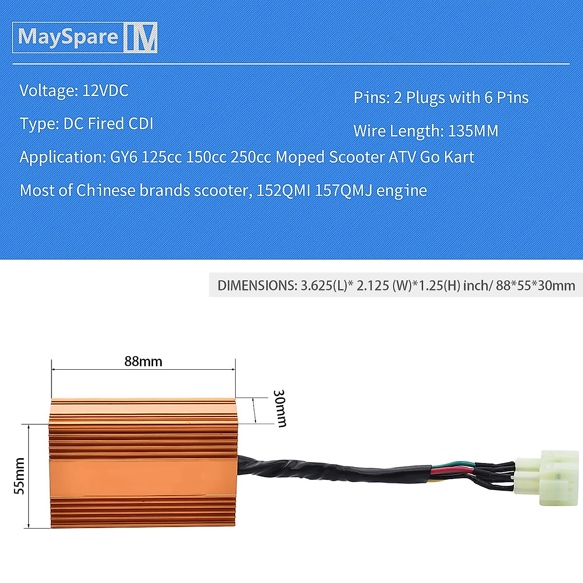 MaySpare 6 Pins DC CDI Box Variable Timing Performance For GY6 4-Stork Engine 125cc 150cc 250cc No Rev Limit
