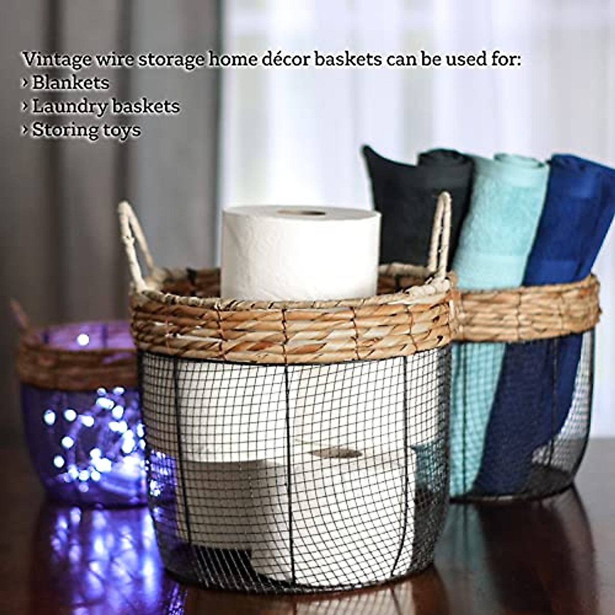 Trademark Innovations Oval Wire Tall Garden Home Décor Baskets with Wicker and Handles - Set of 3