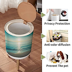 IBPNKFAZ89 Small Trash Can with Lid Beautiful Silhouette Sunset at Tropical sea Garbage Bin Wood Waste Bin Press Cover Round Wastebasket for Bathroom Bedroom Kitchen 7L/1.8 Gallon