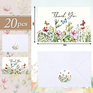 Whaline 20 Pack Wildflower Thank You Cards Bulk Flower Butterfly Greeting Cards with Envelopes and Stickers Spring Floral Blank Note Cards for Birthday Wedding Baby Shower Bridal Shower, 4 x 6 Inch