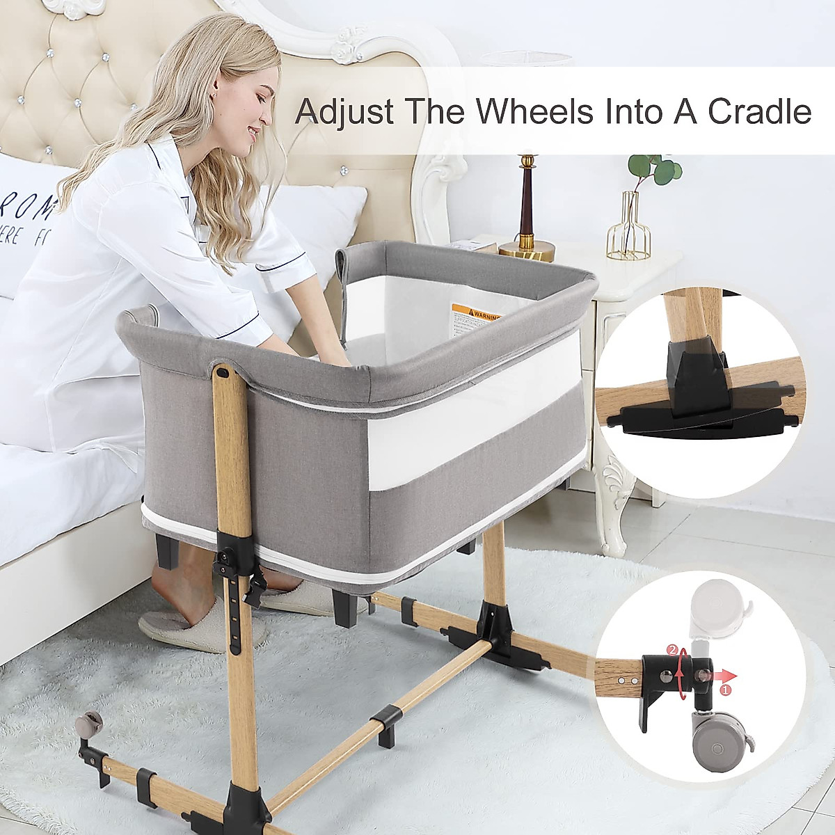 Jaoul 3 in 1 Baby Bassinets Bedside Sleeper & Playpen Design with Mattress Included, Easy Folding Travel Baby Crib Height Adjustable (Single, Khaki)