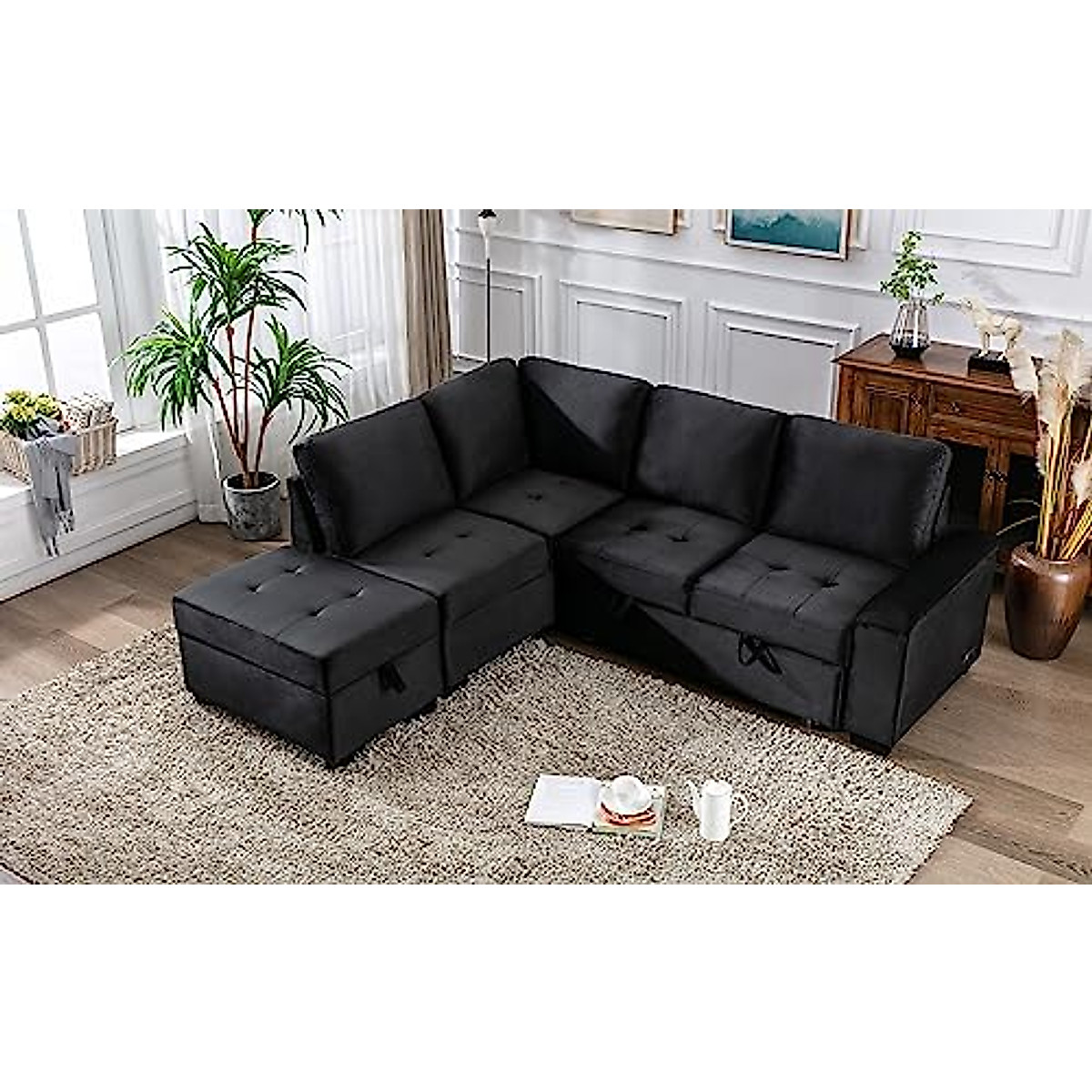 L-Shaped Corner Sleeper Sectional Sofa W/ Pull Out Cozy Sleep Couch Bed, Modern Practical Sectional & Sofa with Storage Ottoman ,Hidden Arm Storage and USB Charge for Home Apartment Living Room Sets