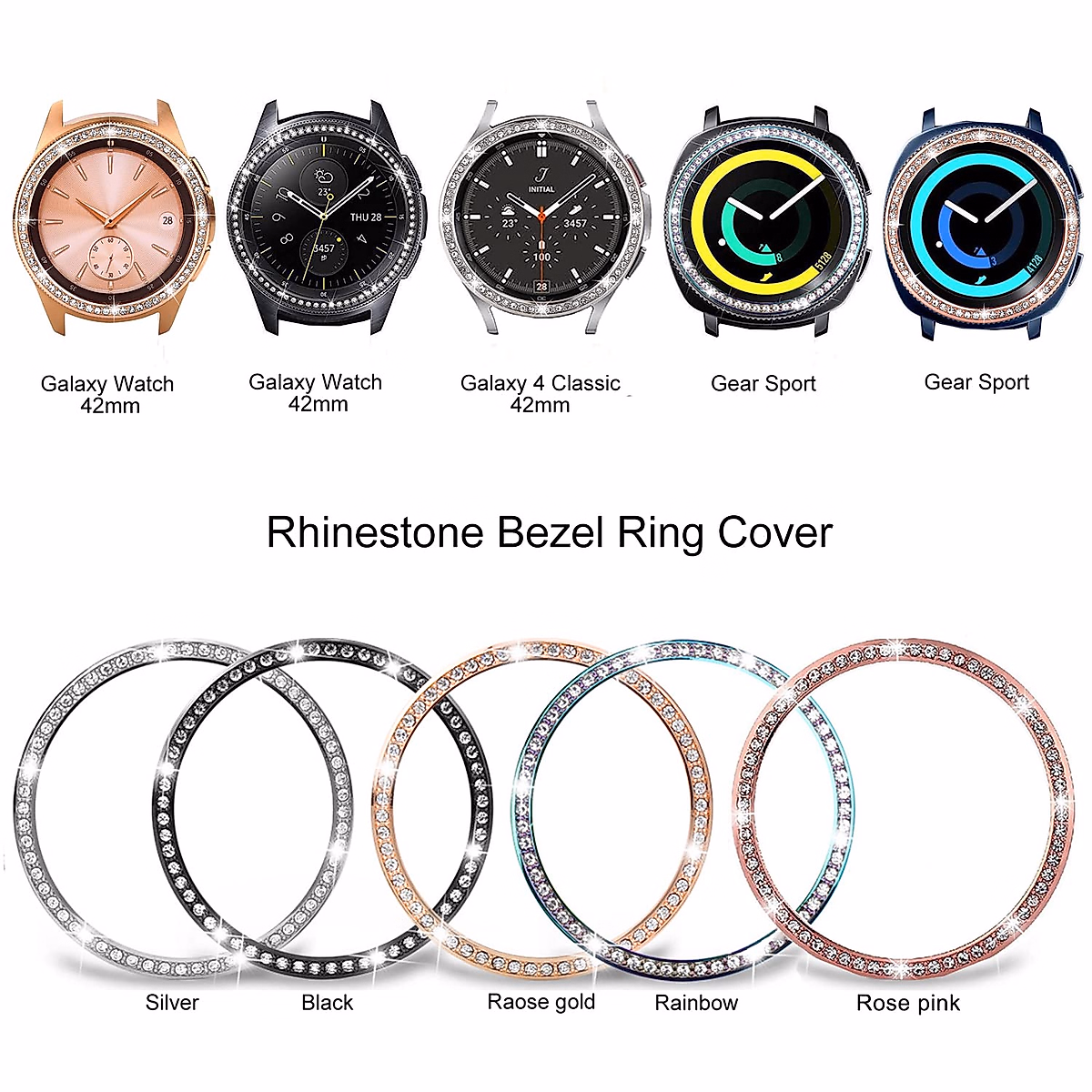 DEALELE Bezel Cover Compatible with Samsung Gear Sport/Galaxy Watch 42mm / Galaxy Watch 4 Classic (42mm), Bling Diamond Stainless Steel Metal Bezel Ring Watch Face Bumper Accessories (Silver)