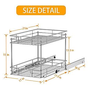 ROOMTEC New Version Pull Out Cabinet Organizer for Base Cabinet (17" W X 21" D), Kitchen Cabinet Organizer and Storage 2-Tier Cabinet Pull Out Shelves Under Cabinet Storage for Kitchen Silver,Chrome