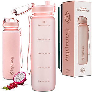 Hydracy Water Bottle with Time Marker -Large 32oz BPA Free & No Sweat Sleeve -Leak Proof Gym Bottle with Fruit Infuser Strainer & Times to Drink -Ideal Gift for Fitness Sports & Outdoors
