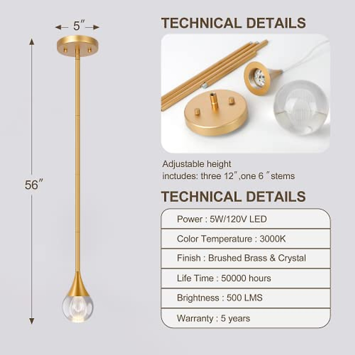 PARTPHONER LED Crytal Pendant Light, 1-Light Gold Hanging Light Fixture with Brushed Brass Finish, Mini Glass Globe Teardrop Pendant Lighting for Kitchen Island Dining Room Bedroom Bar