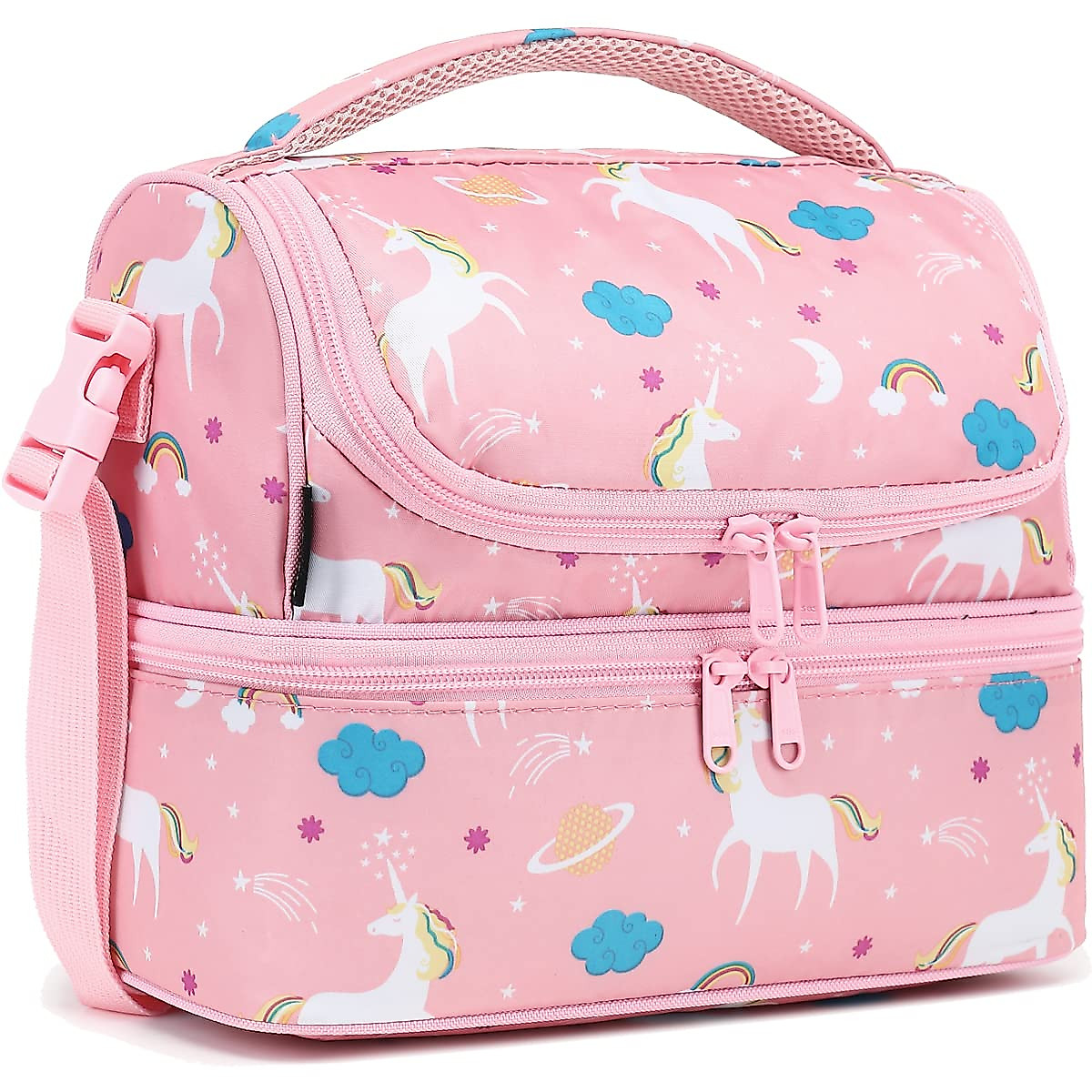 FlowFly Kids Double Decker Cooler Insulated Lunch Bag Large Tote for Boys, Girls, Men, Women, With Adjustable Strap, Unicorn