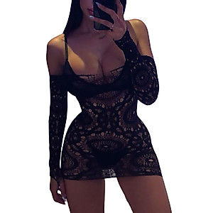 Dewinya Women's Fishnet One Size Lace Babydoll Chemise Lingerie Black (Black 1, One Size)