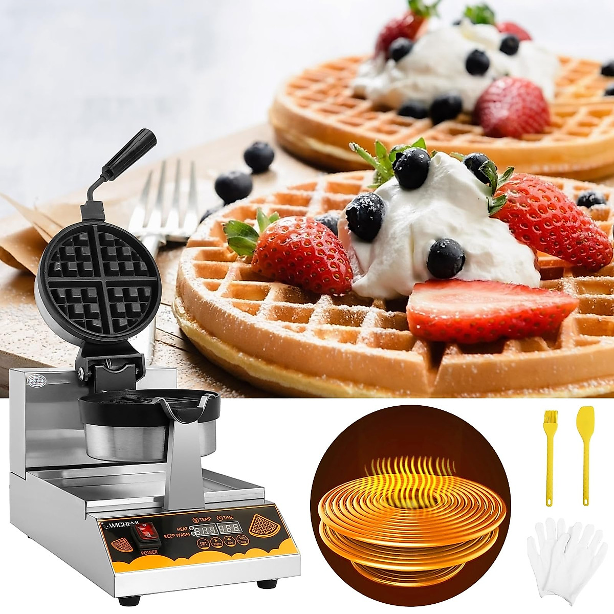 WICHEMI Belgian Waffle Maker Commercial Waffle Maker Restaurant Intelligent Flip Waffle Maker with Removable Plates 180° Rotating Non-Stick LED Digital Waffle Iron For Hotel Restaurant,110V 1200W.