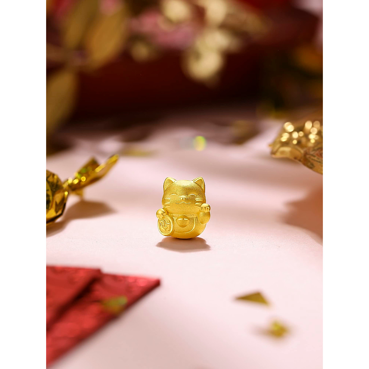 ZHOU LIU FU 24K Solid Gold Bracelet Real Gold Lucky Cat Charm Bracelet Yellow Gold Jewelry Fortune Cat Charm Bracelet for Women Red Bracelets (24K Solid Gold, 17cm /6.69 inch)
