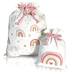 Gather & Knot Drawstring Gift Bags | 20" Large 12" Small | Premium Canvas | Reusable Fabric Wrap for Baby Shower or Girl Birthday | Rainbow