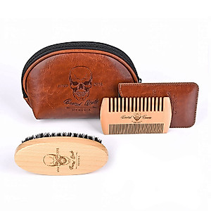 Menesia Beard Brush and Comb set, Boar Bristle Hair Beard Brush Kit with Small Leather Travel Toiletry Bag Case for Men, include Men's Wooden Mustache Comb & Nose Hair Scissors