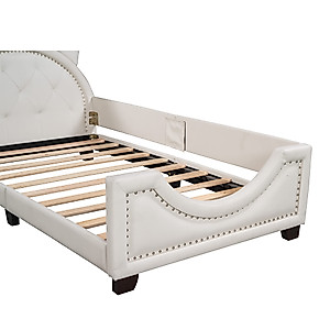 White Upholstered Twin Bed with Ears Shaped Bottom Tufted Headboard, Low Platform Bed Frame with Rails for Kids Girls Boys Teens, PU Leather