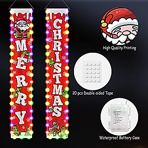 Christmas Decorations Reversible Christmas Banner with String Lights,Merry Christmas Banner Porch Sign,Christmas Banners for Outside Xmas Outdoor Decor Front Door Yard Garage（Battery Not Included）