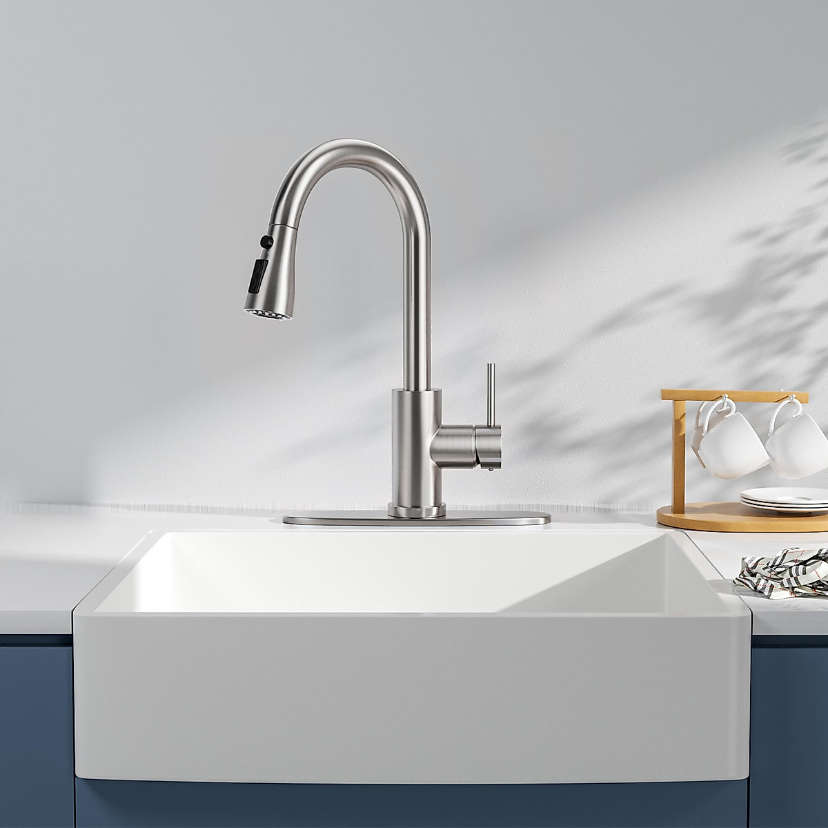 BASDEHEN Single Handle High Arc Brushed Nickel Pull Out Kitchen Faucet, Single Level Stainless Steel Kitchen Sink Faucet with Pull Down Sprayer and 10 Inch Deck (Brushed Nickel)