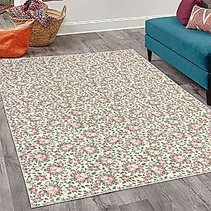 Lunarable Flower Decorative Area Rug, Roses Rosebuds Leaves Bouquet Flower Arrangements Bridal Victorian Style, Quality Carpet for Bedroom Dorm Living Room, 4' X 5' 5", White Pink Green
