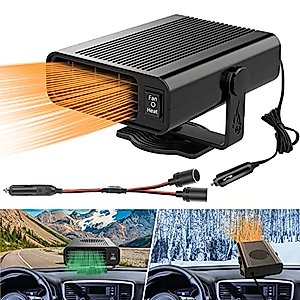 kancehinage Car Heater 12V 120W Portable 2 in 1 Heating and Cooling Fan with Plug in Cigarette Lighter Windshield Defogger and Defroster 360°Rotatable Base With Car Cigarette Lighter Splitter